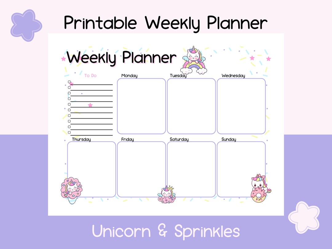 Unicorn & Sprinkles Kawaii Weekly Planner Printable to Do List, Undated ...