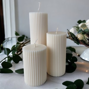 Colourful Sets of 3 Ribbed Column Pillar Soy Candles Handmade Home ...