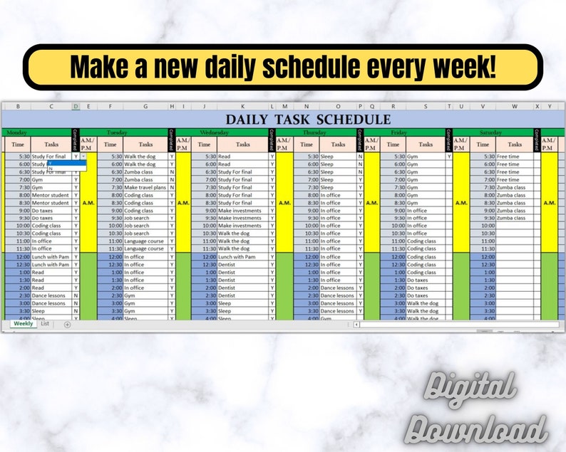 Weekly Task Scheduler, Excel Planner Template, Spreadsheet Planner, to ...