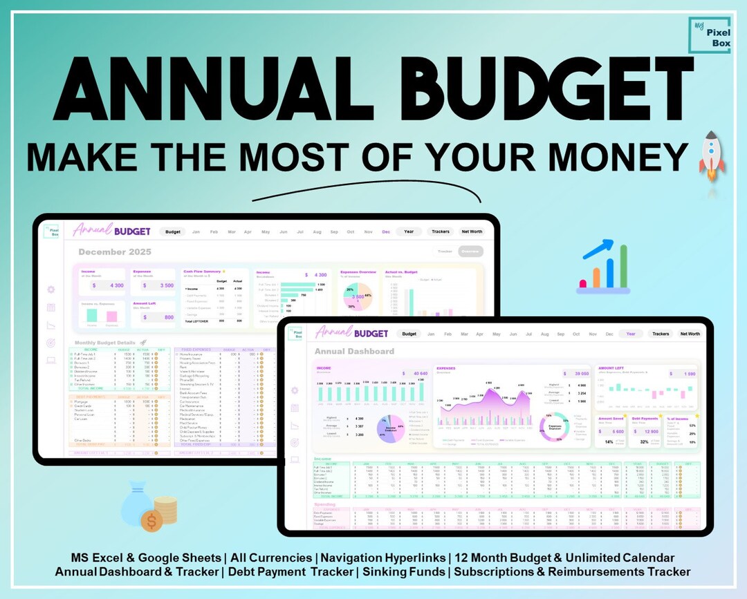 Annual and Monthly Budget Spreadsheet Excel & Google Sheets, Financial ...