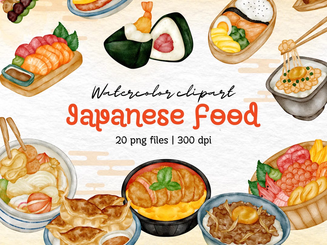 Watercolor Japanese Food Clipart, 20 PNG Images, Sushi Ramen Clipart ...