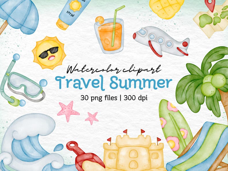 Watercolor Summer Travel Clipart, Beach Holiday Art (30 PNG Files) - Etsy