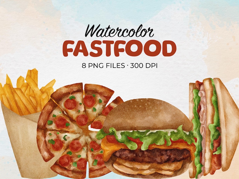 Watercolor Fastfood Clip Art Element, Fast Food Clipart, Burger Clipart ...