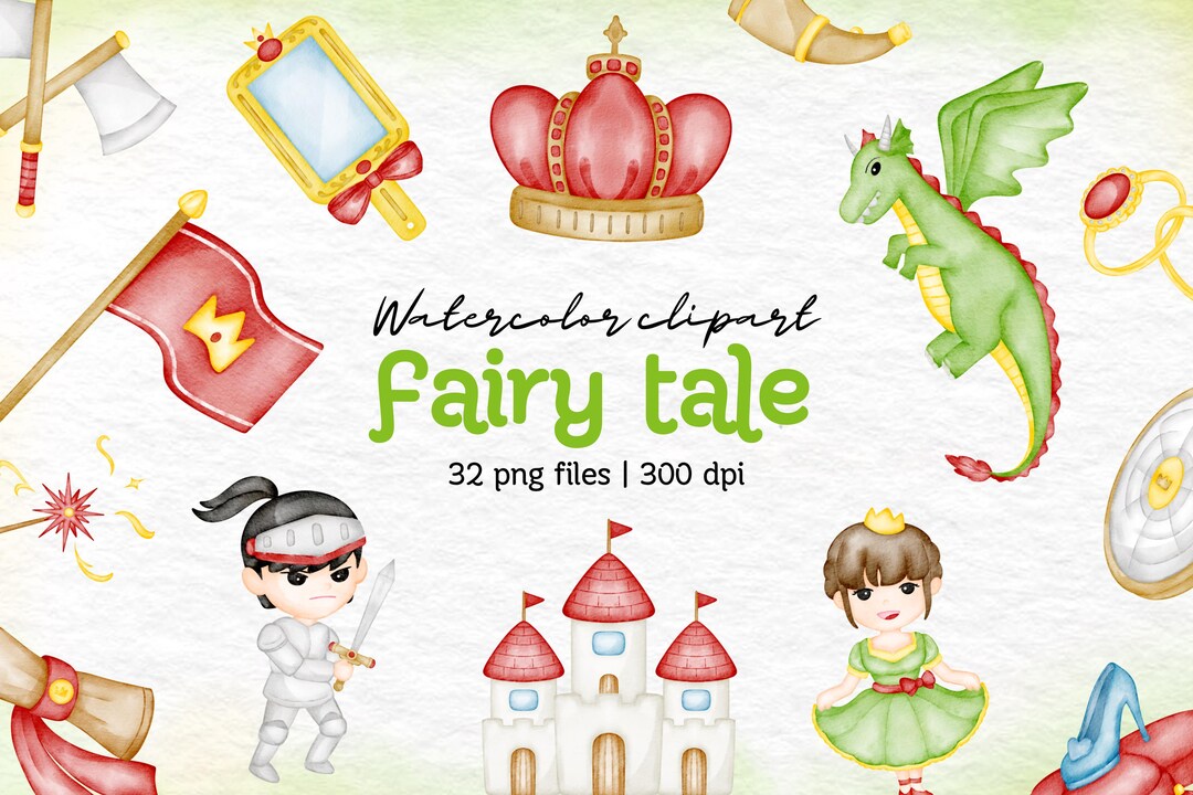Watercolor Fairy Tale Clip Art Set Hand Painted Princess Castle Knight ...