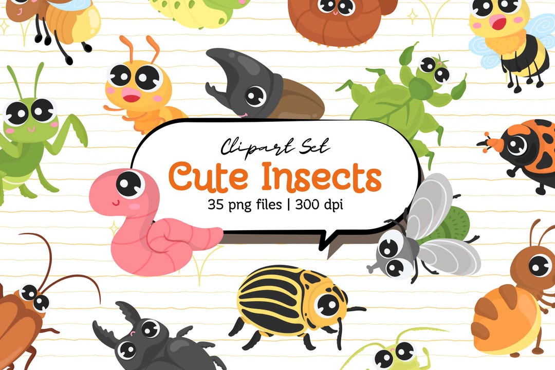 Cute Insect Clip Art Set Cartoon Style Ant Worm Grasshopper Butterfly ...