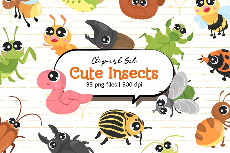 Cute Insect Clip Art Set Cartoon Style Ant Worm Grasshopper Butterfly ...