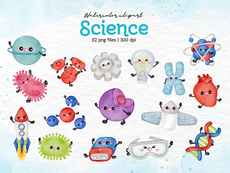 Watercolor Science Clipart Set, 32 PNG Files, Digital Download, Cute ...
