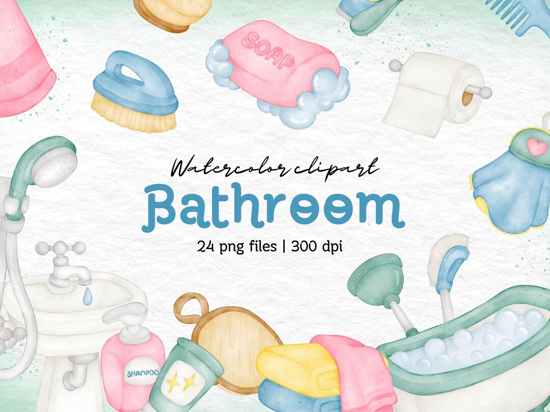 Watercolor Bathroom Clipart Set, 24 PNG Files, Digital Download ...