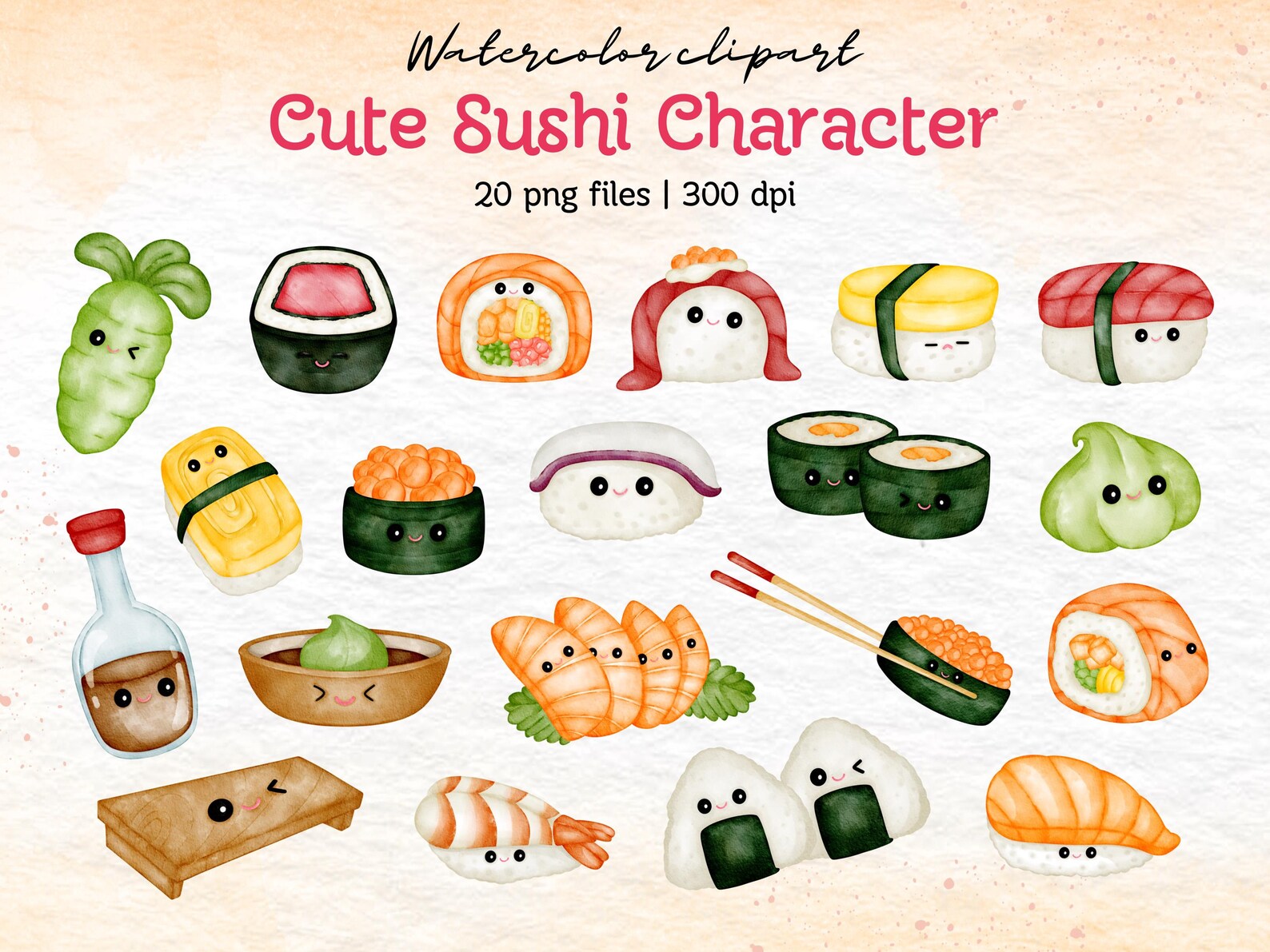 Watercolor Cute Sushi Clipart Set, 20 PNG Files, Digital Download ...