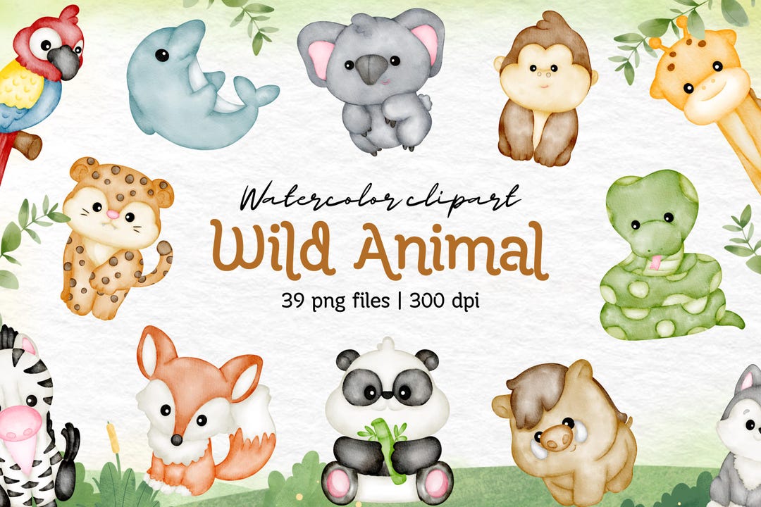 Watercolor Wild Animal Clipart Set Hand Painted Cute Lion Tiger Panda ...