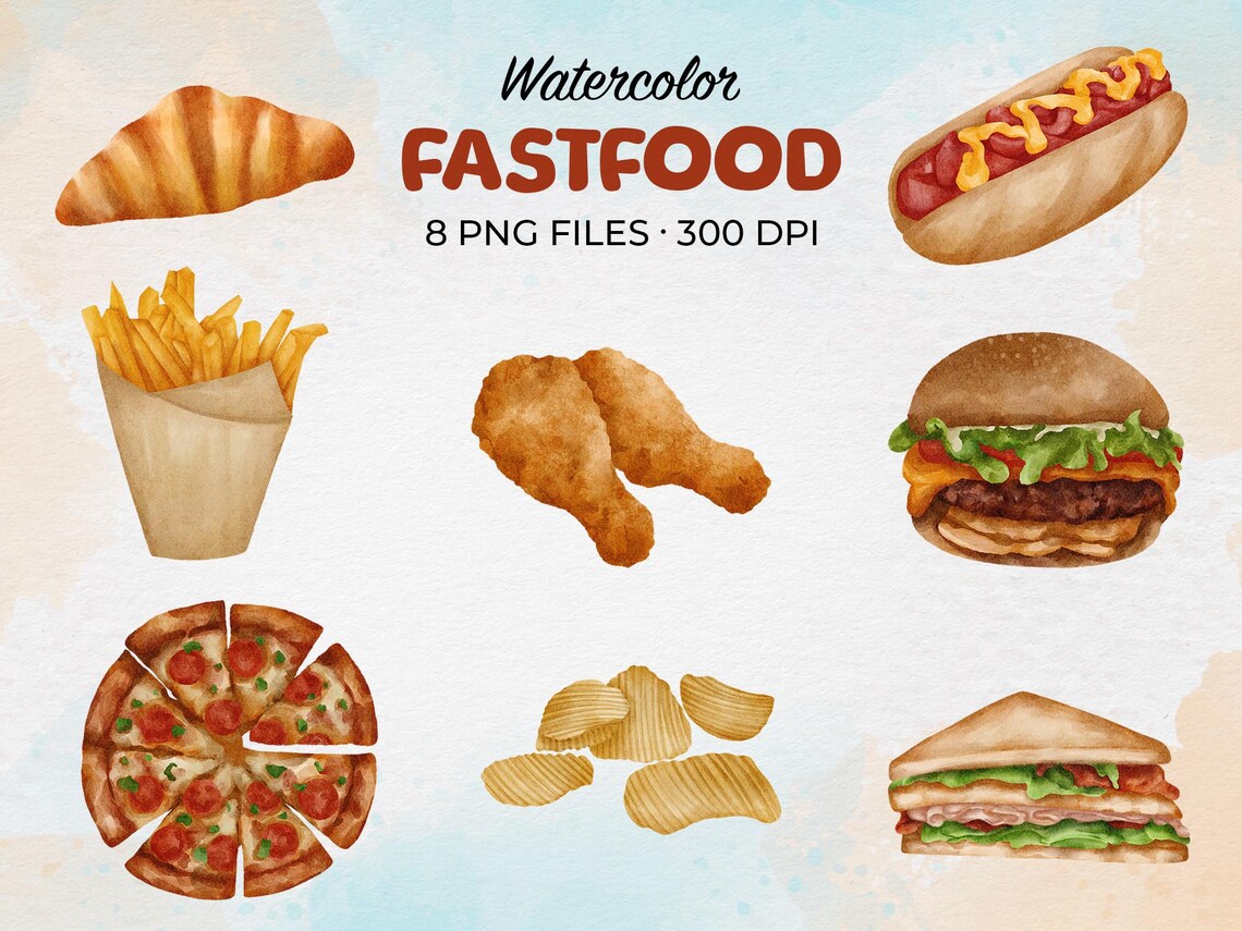 Watercolor Fastfood Clip Art Element, Fast Food Clipart, Burger Clipart ...