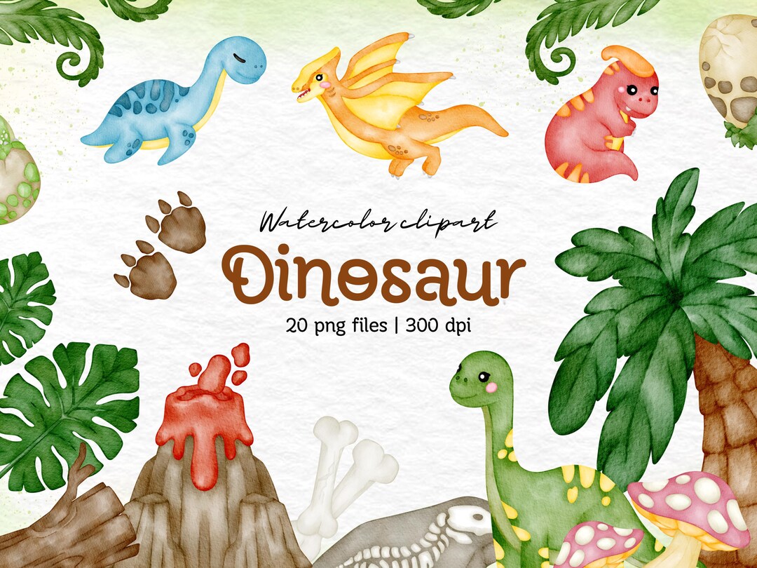 Watercolor Dinosaur Clipart, 20 PNG Images, Cute Dino Illustrations ...