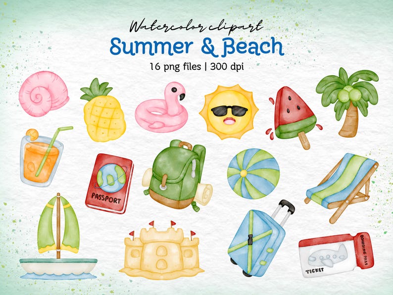 Watercolor Summer Travel Clipart, Beach Holiday Art (30 PNG Files) - Etsy