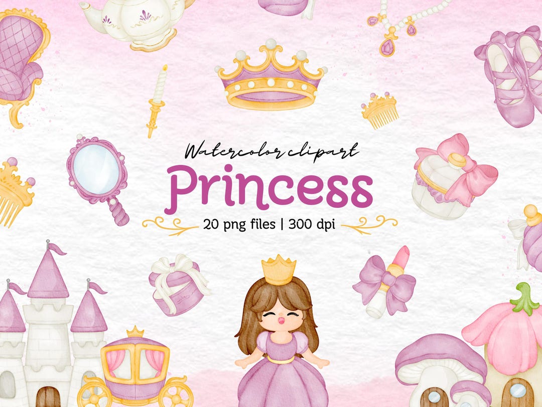 Watercolor Princess Clipart Set, 20 PNG Files, Digital Download, Castle ...