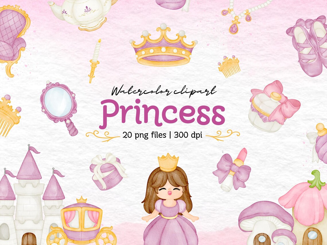 Watercolor Princess Clipart Set, 20 PNG Files, Digital Download, Castle ...