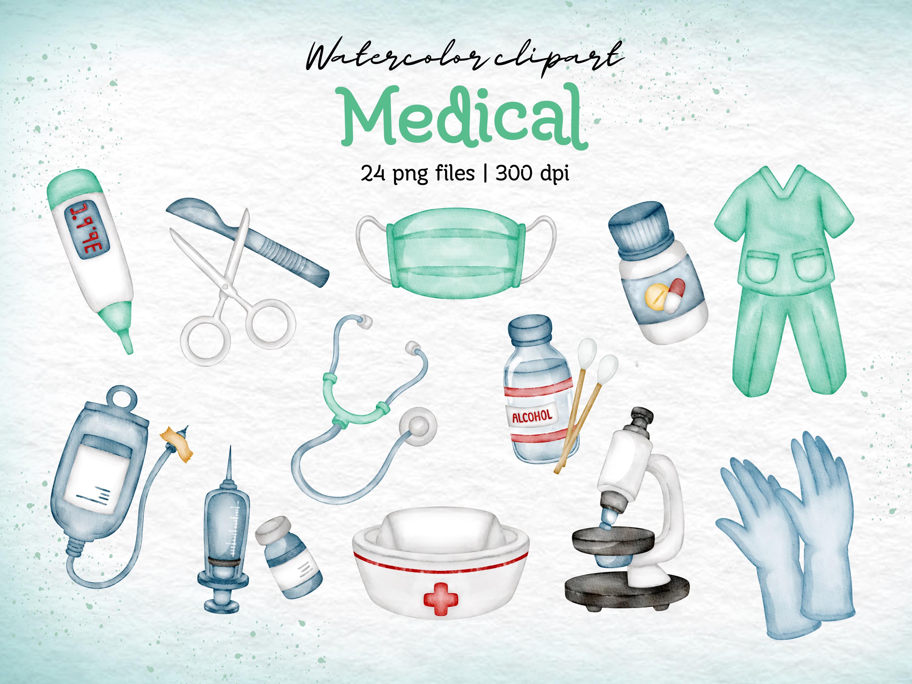 Medical Watercolor Clipart, 24 PNG Files, Doctor Nurse Tools ...