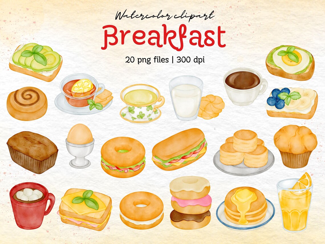 Breakfast Watercolor Clipart Set, 20 PNG Files, 300 DPI, Transparent ...