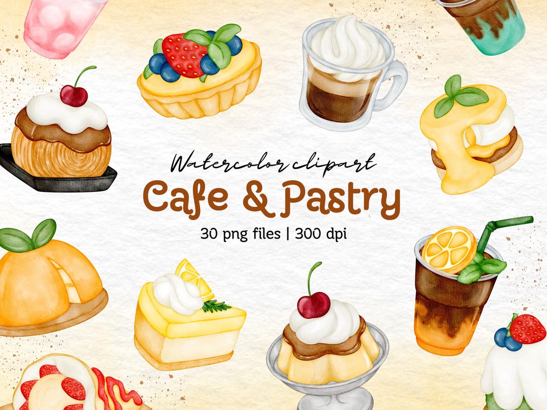 Watercolor Cafe and Pastry Clipart Set, 30 PNG Files, Digital Download ...