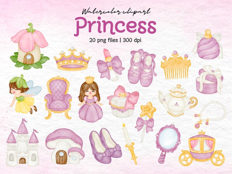 Watercolor Princess Clipart Set, 20 PNG Files, Digital Download, Castle ...
