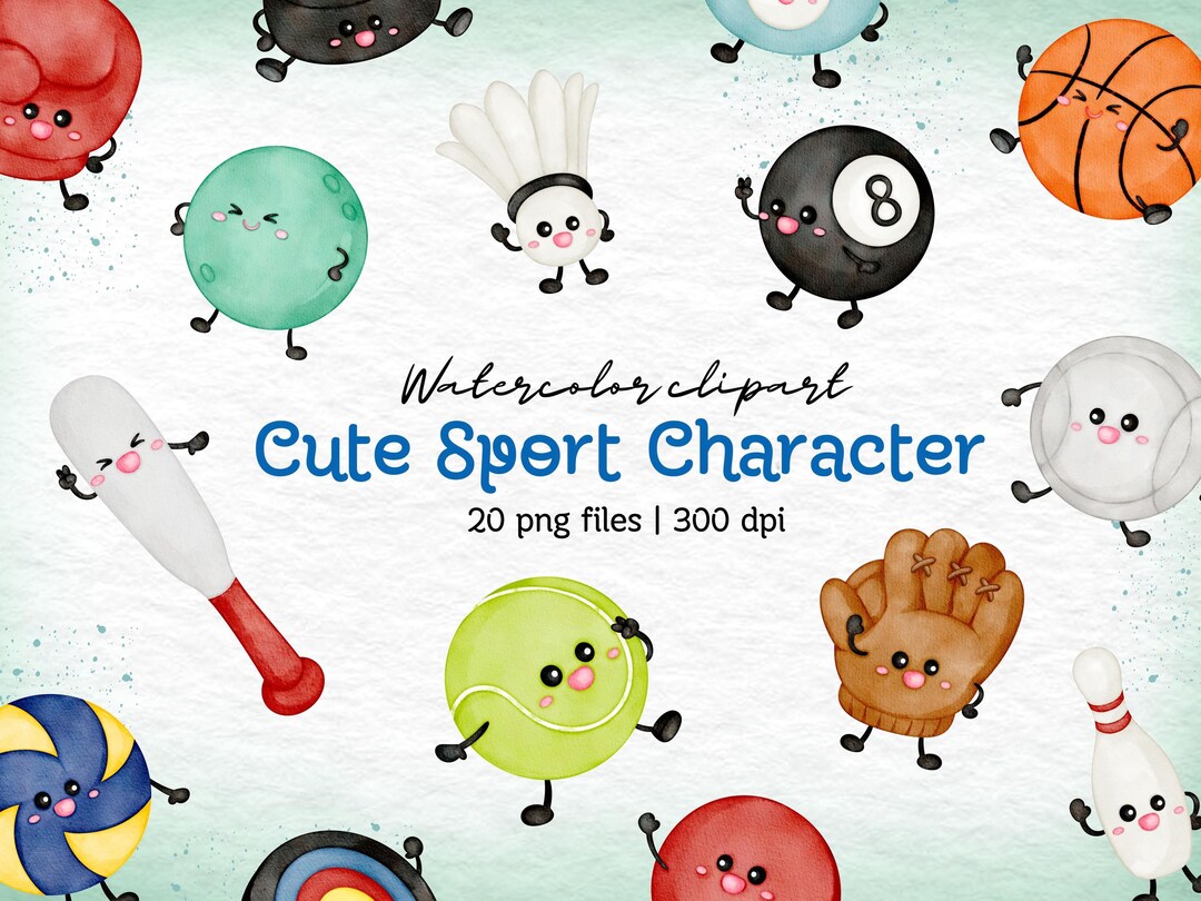 Cute Kawaii Sports Clipart, Watercolor Sports Characters PNG, Smiling ...