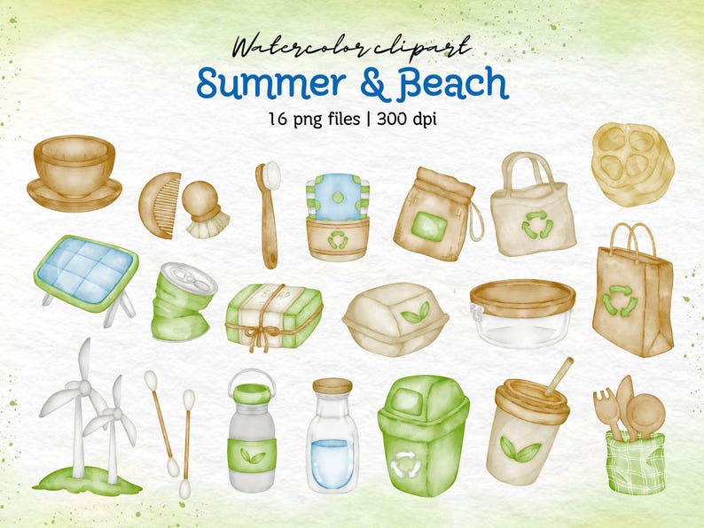 Watercolor Zero Waste Clipart Set, 20 PNG Files, Digital Download, Eco ...