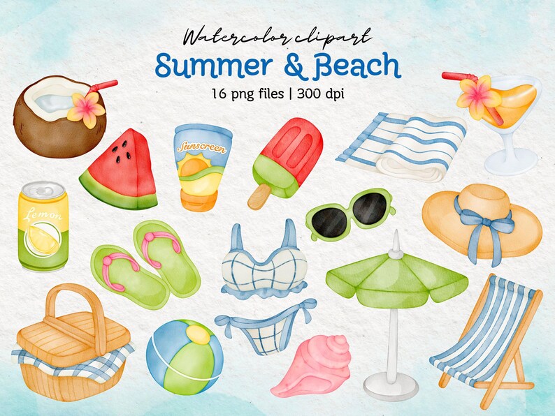 Summer Beach Watercolor Clipart, 16 PNG Files, 300 DPI, Tropical ...