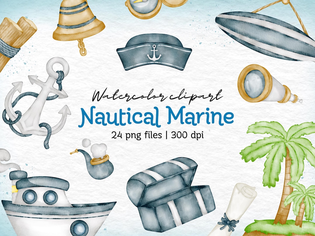 Watercolor Nautical Clipart, Marine Ocean Theme (24 PNG Files) (digital ...