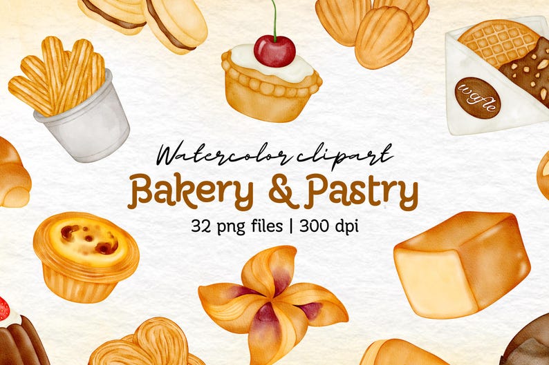 Watercolor Bakery Clipart Pastry Dessert PNG Cupcake Bread Tart ...