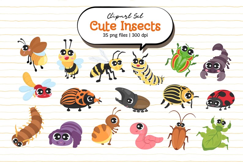 Cute Insect Clip Art Set Cartoon Style Ant Worm Grasshopper Butterfly ...