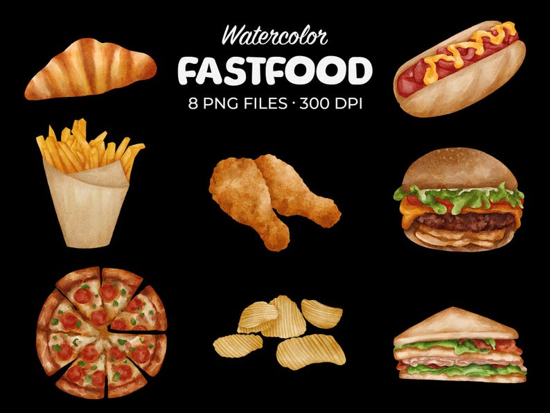Watercolor Fastfood Clip Art Element, Fast Food Clipart, Burger Clipart ...