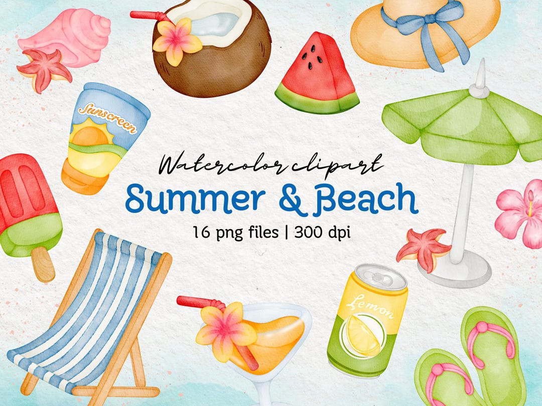Summer Beach Watercolor Clipart, 16 PNG Files, 300 DPI, Tropical ...