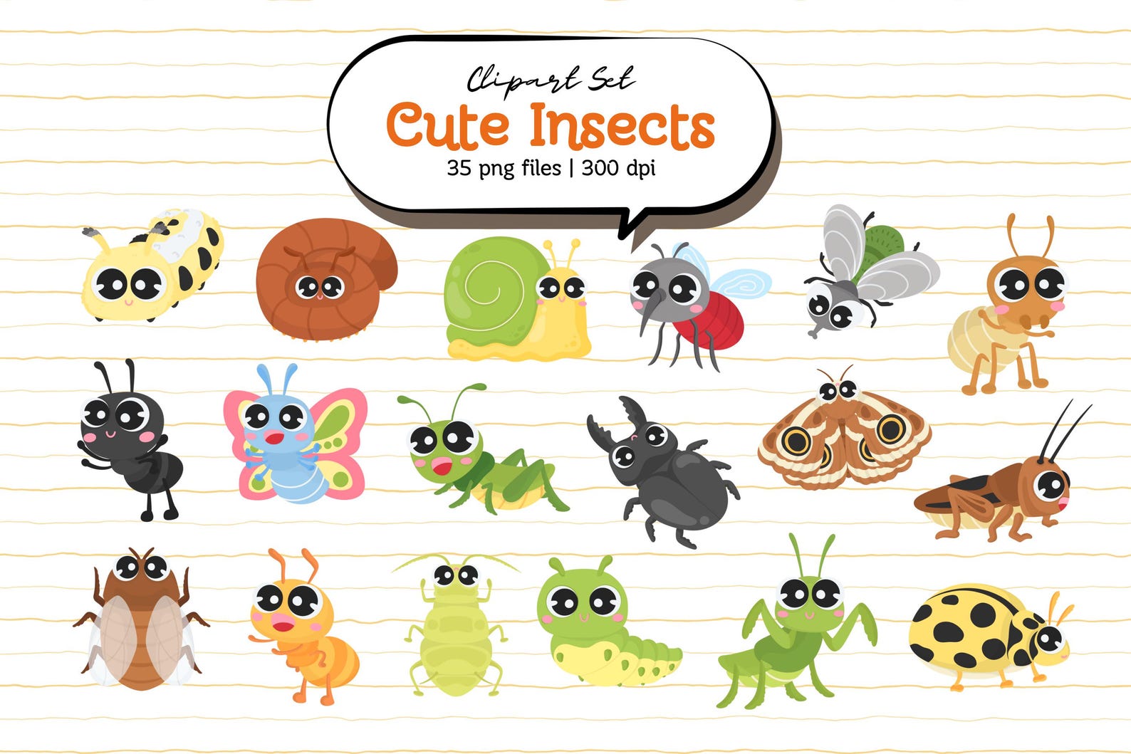 Cute Insect Clip Art Set Cartoon Style Ant Worm Grasshopper Butterfly ...
