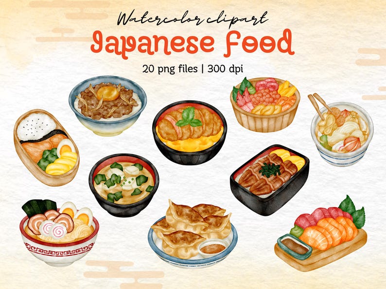 Watercolor Japanese Food Clipart, Sushi Ramen PNG Images (digital ...