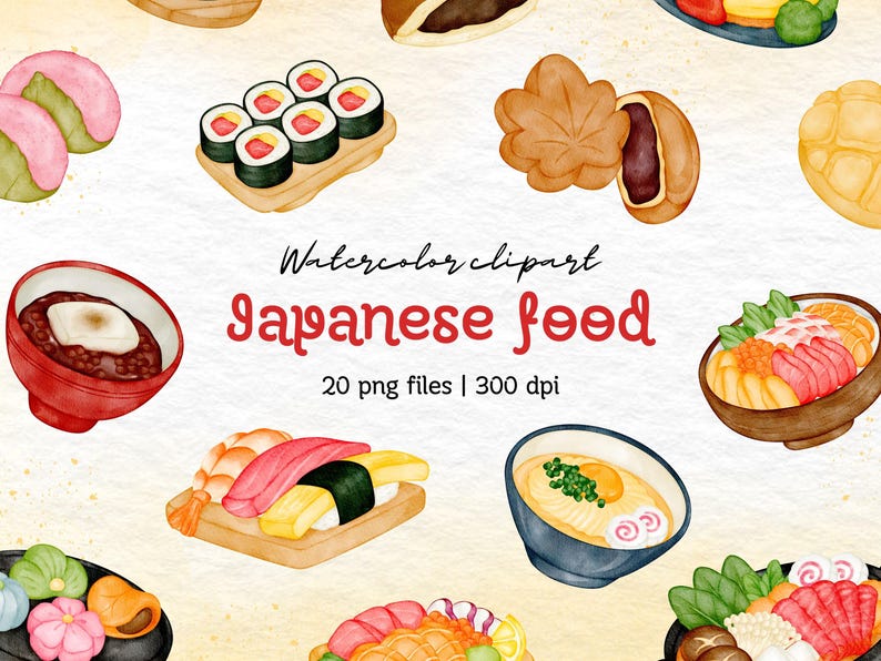 Japanese Food Watercolor Clipart, 20 PNG Files, 300 DPI, Sushi Digital ...