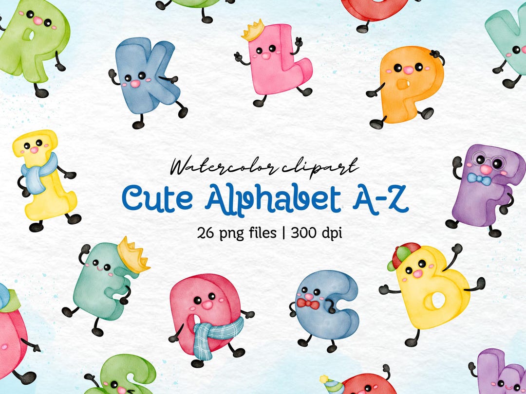 Cute Alphabet Watercolor Clipart, Kawaii Letter Art (digital Download ...