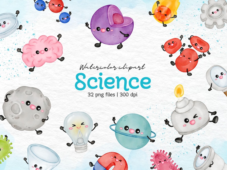Watercolor Science Clipart Set, 32 PNG Files, Digital Download, Cute ...