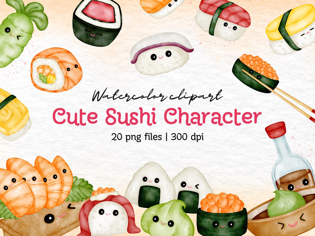 Watercolor Cute Sushi Clipart Set, 20 PNG Files, Digital Download ...