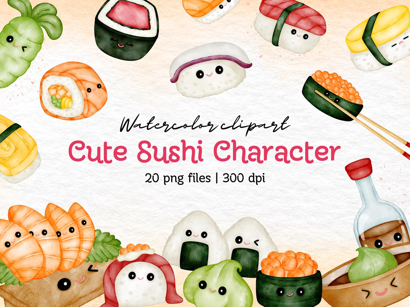 Watercolor Cute Sushi Clipart Set, 20 PNG Files, Digital Download ...