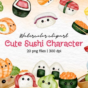 Watercolor Cute Sushi Clipart Set, 20 PNG Files, Digital Download ...