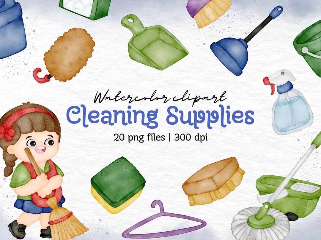 Watercolor Cleaning Supplies Clipart Set, 20 PNG Files (digital ...