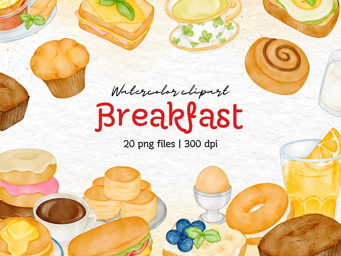 Breakfast Watercolor Clipart Set, 20 PNG Files, 300 DPI, Transparent ...