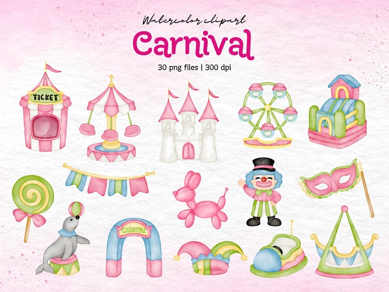 Watercolor Carnival Clipart Set, 30 PNG Files, Digital Download, Circus ...
