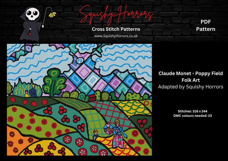 Claude Monet Cross Stitch Pattern, PDF Pattern, Poppy Field, Colourful ...