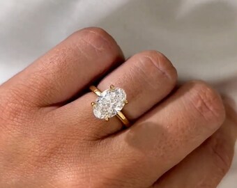 2 CT Oval Lab Grown Diamond Hidden Halo Engagement Ring in Yellow Gold / High Set Cathedral Ring ...