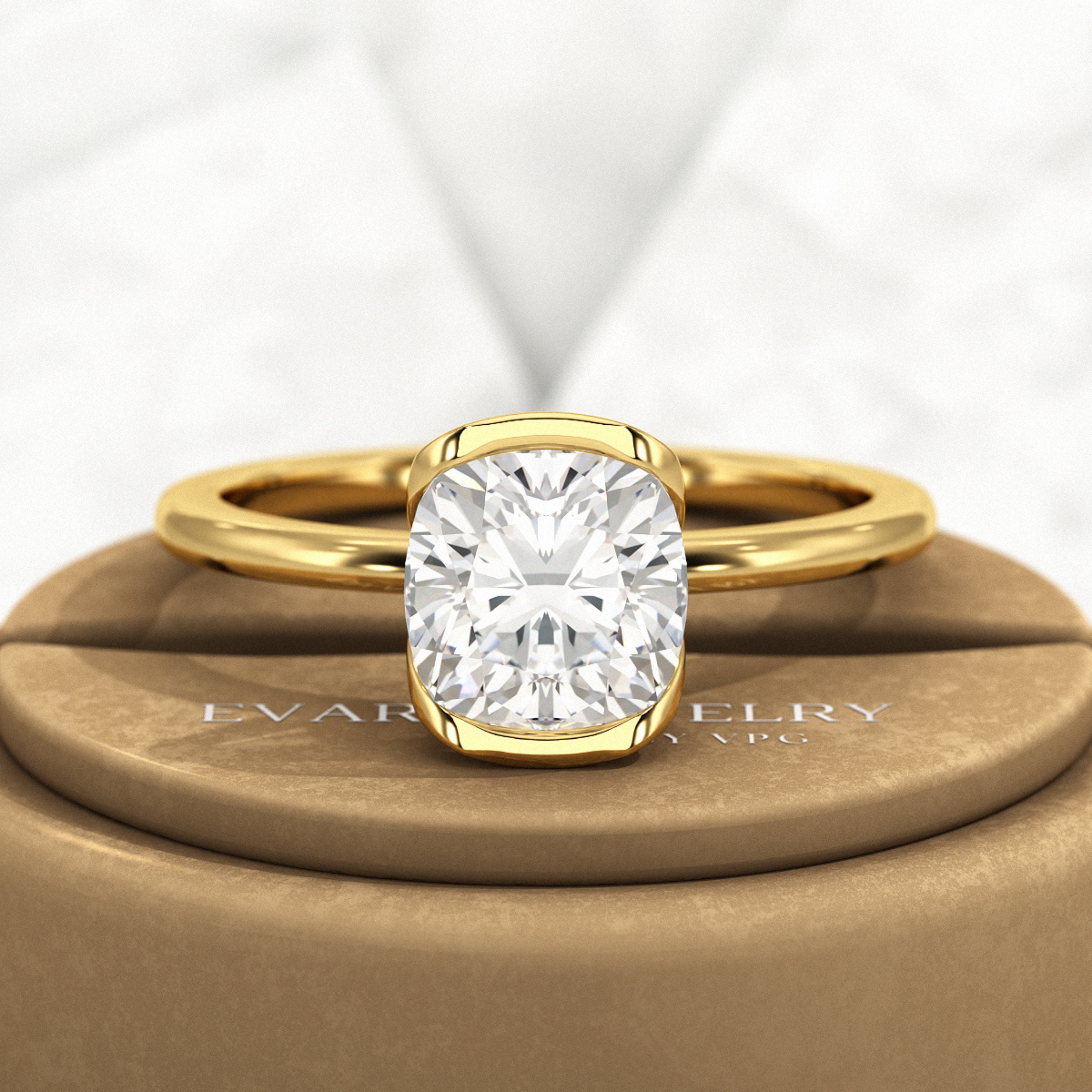 2 Carat Cushion Cut Half Bezel Diamond Engagement Ring, Minimalist ...