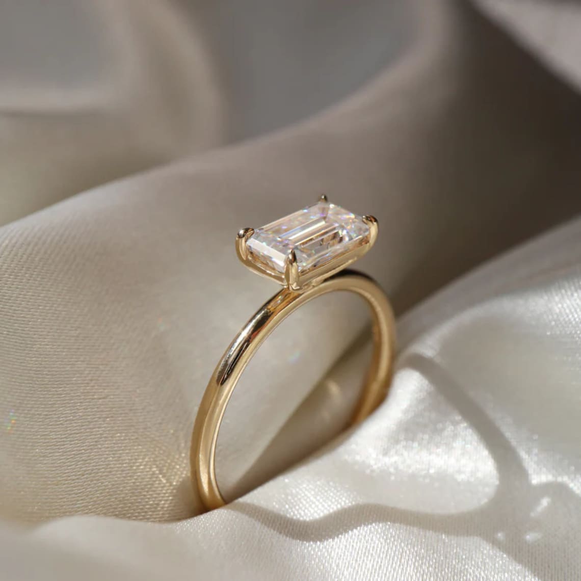 1.50 Carat Emerald Cut East West Solitaire Engagement Ring, Minimalist ...