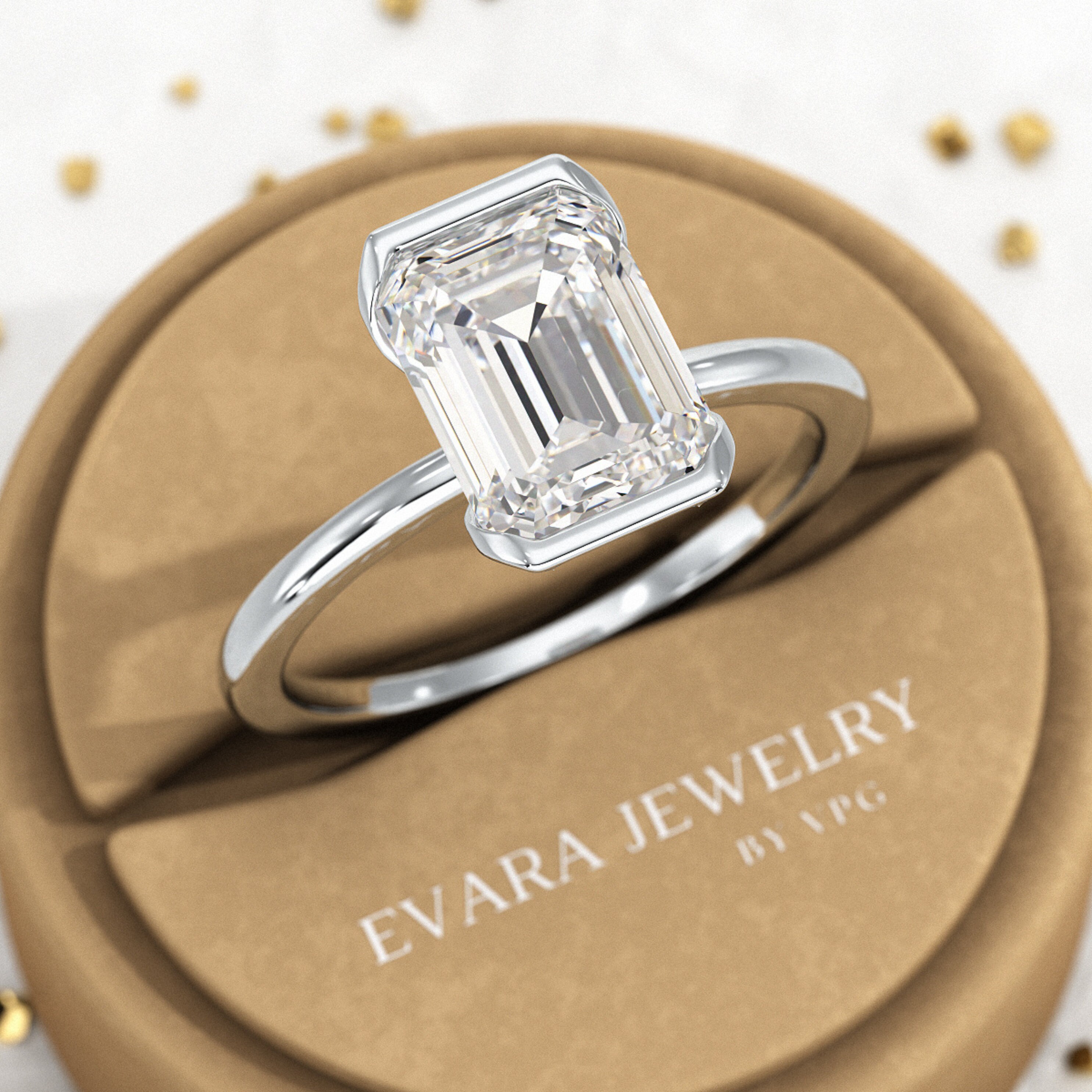2 Carat Emerald Cut Diamond Half Bezel Set Modern Engagement Ring ...