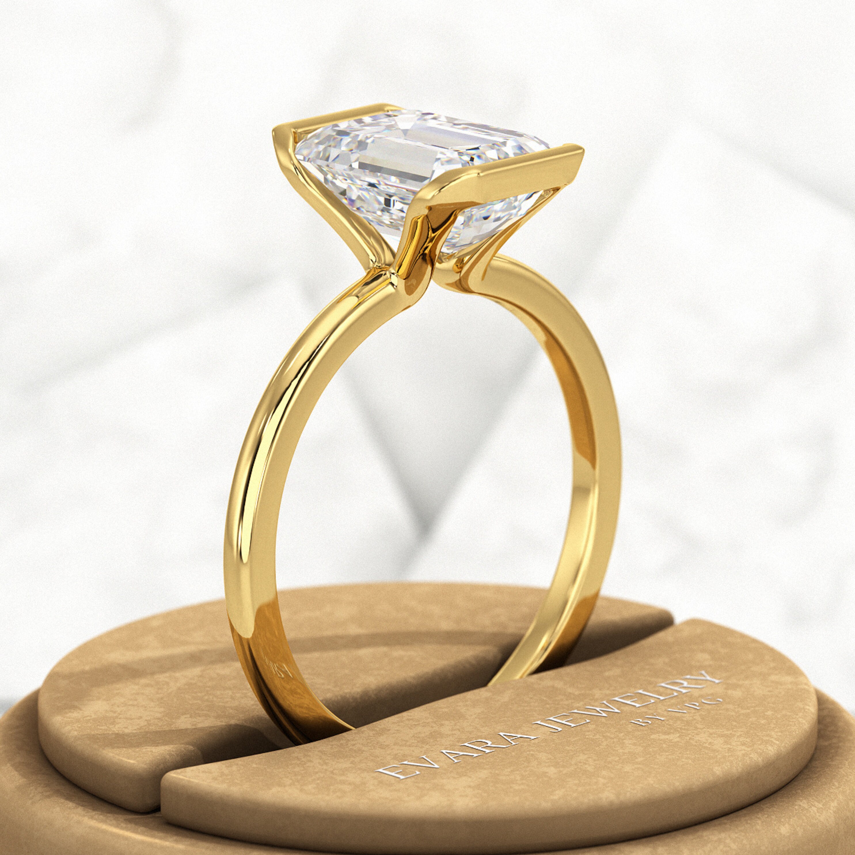 2 Carat Emerald Cut Diamond Half Bezel Set Modern Engagement Ring ...