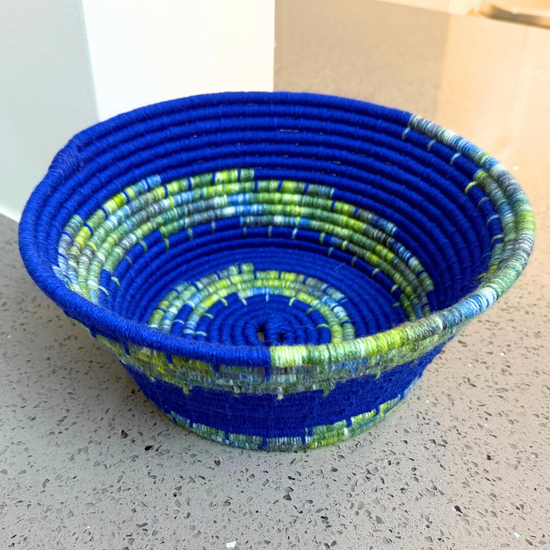Handmade Blue Green Rope Basket | Bold Yarn-wrapped Storage Bowl ...