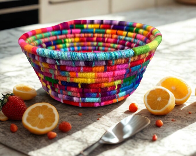 Colorful Rope Basket | Bright Multicolor Coiled Yarn Bowl for Boho ...